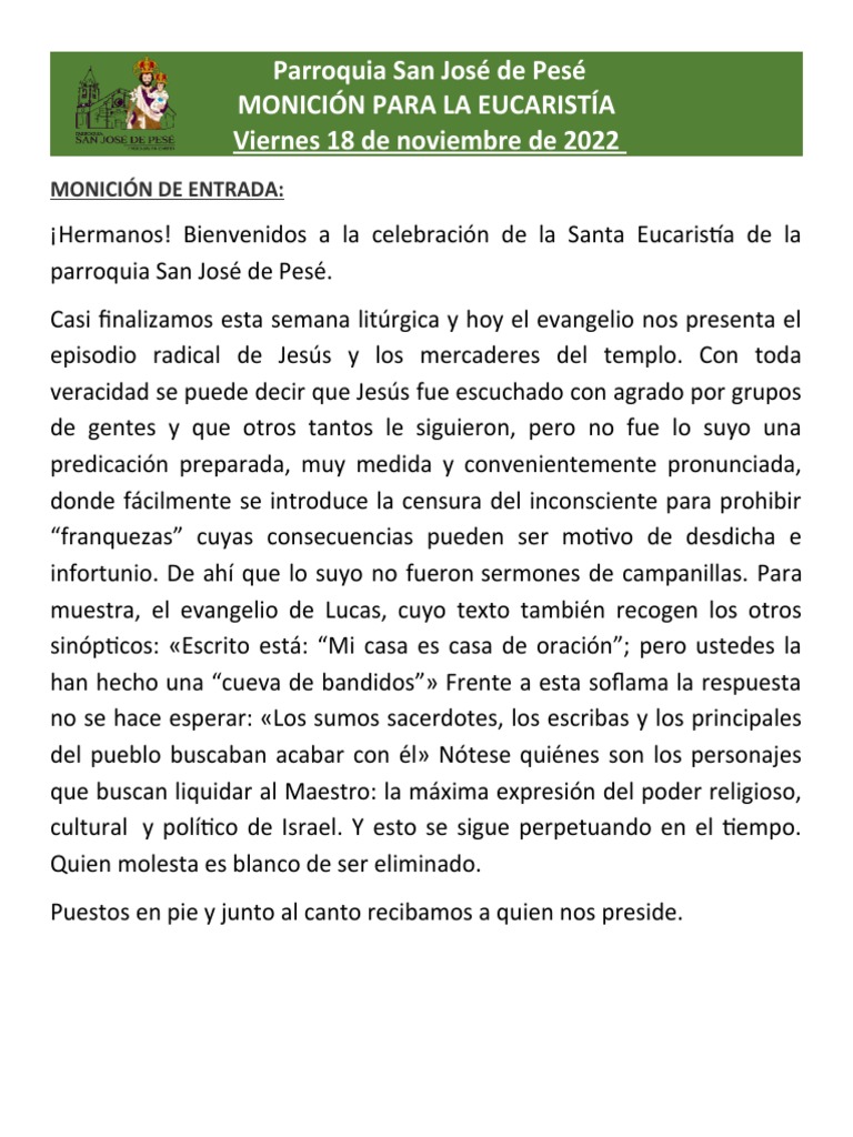 MONICIONES EUCARISTÍA DIARIA de La Parroquia | PDF | Misa (liturgia) | eucaristía
