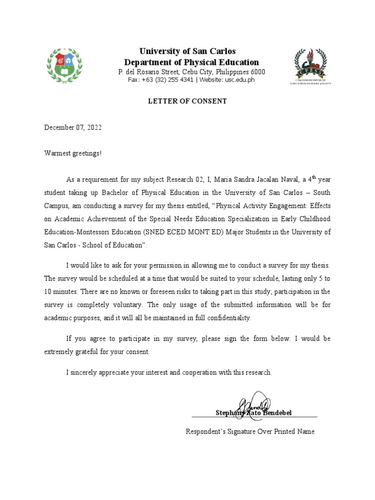 Request for Permission to Conduct a Survey for a Thesis on the Effects of Physical Activity ...