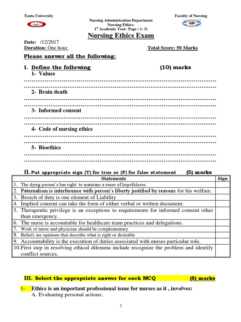 Ethics Exam | PDF | Informed Consent | Nursing
