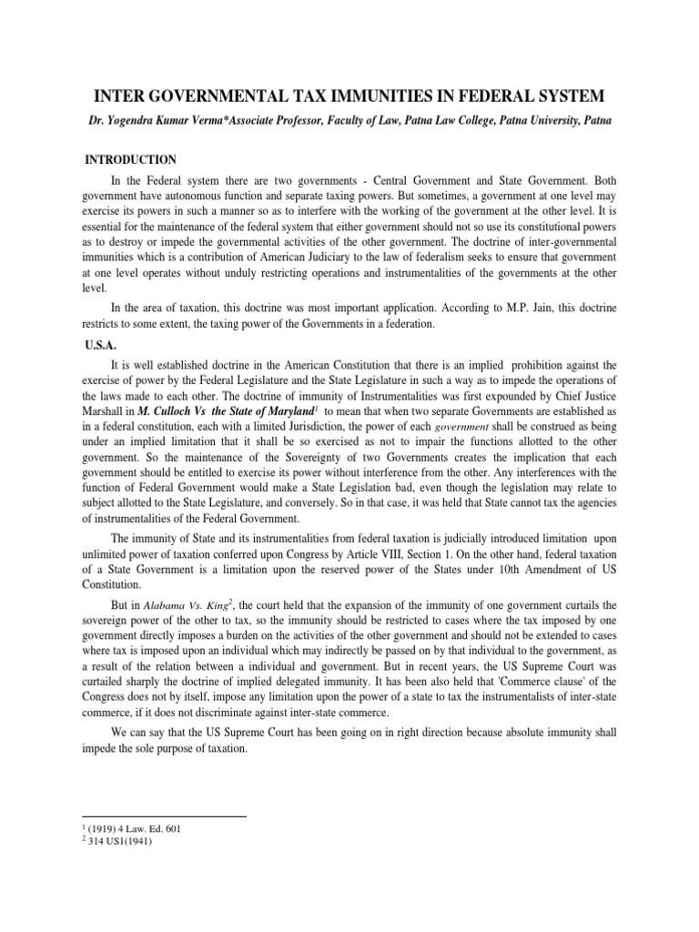 Inter Governmental Tax Immunities in Federal System | PDF | Taxes ...