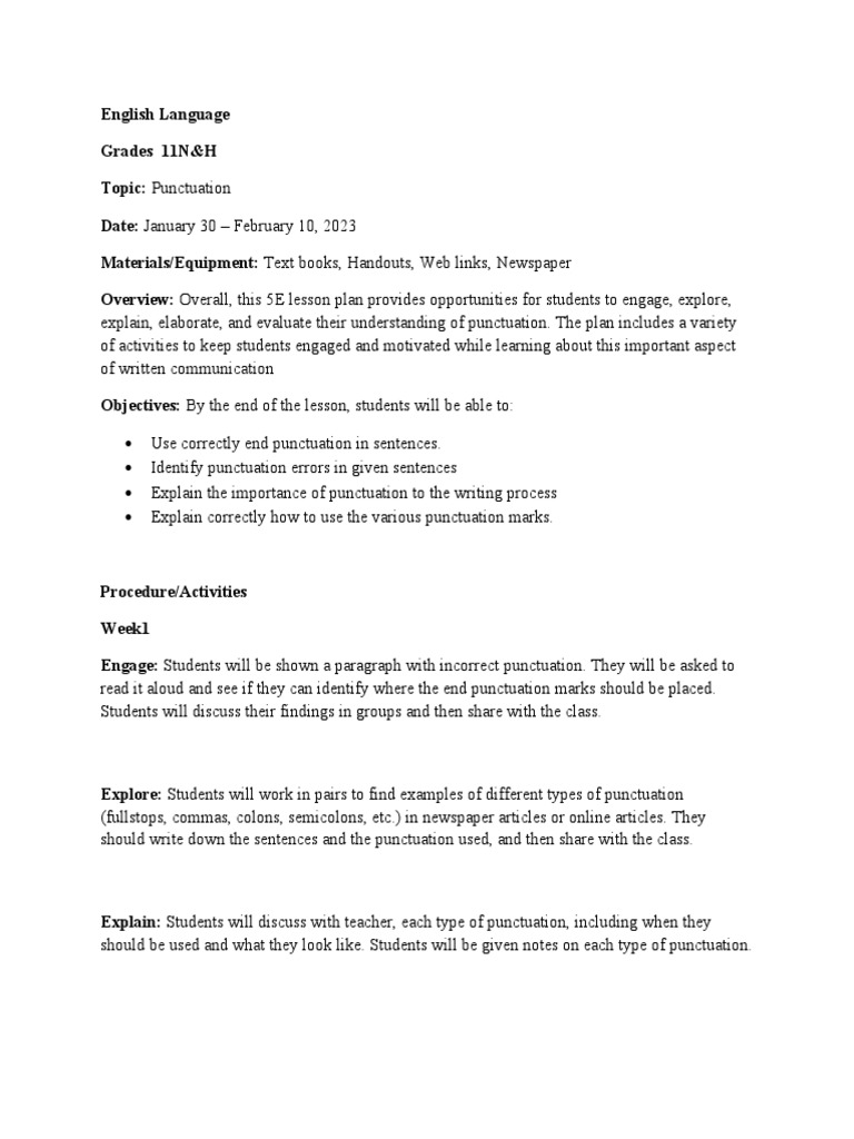A Comprehensive 5E Lesson Plan on Punctuation: Engaging Students in the ...