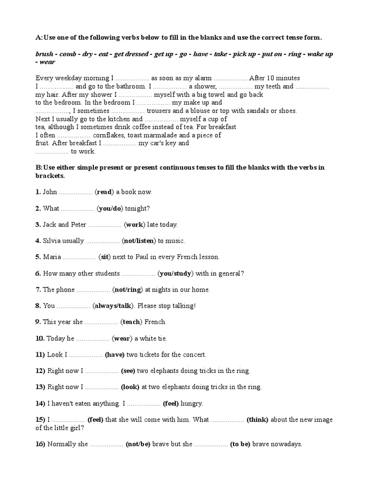 Simple Present and Present Continuous Tenses Exercises PDF | PDF