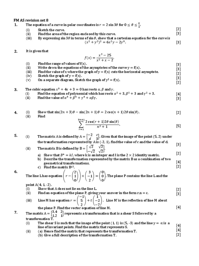FM AS Revision Set 8 | PDF | Equations | Matrix (Mathematics)