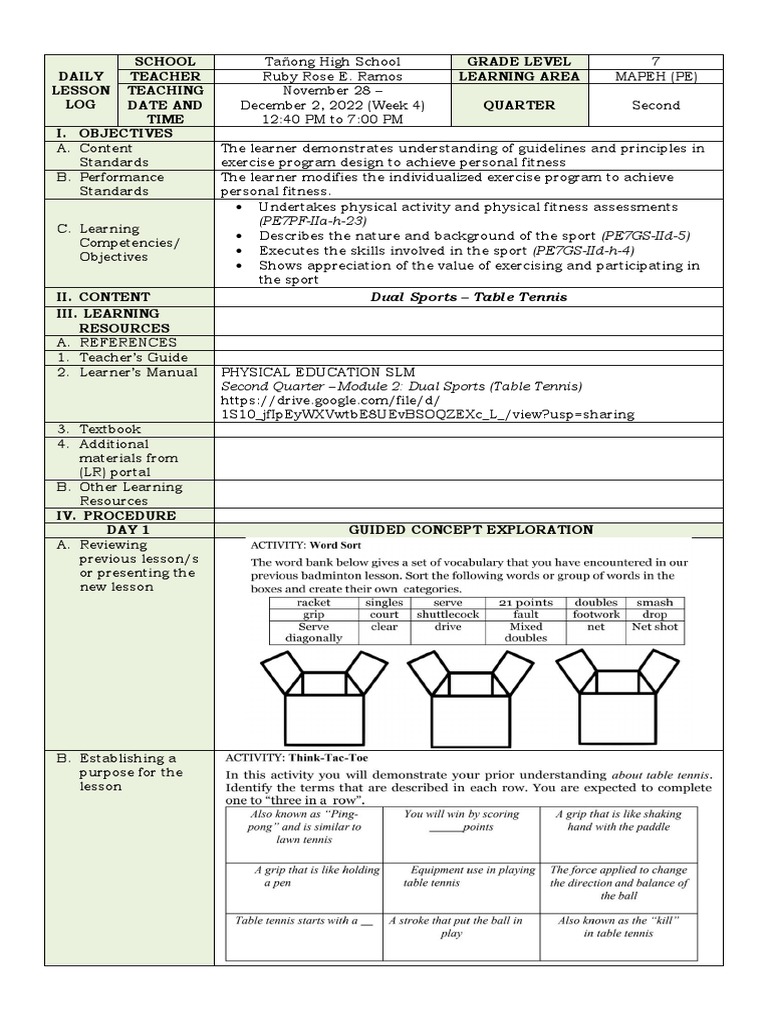 DLL Q2 W4 Pe M2 Table Tennis | PDF | Learning | Behavior Modification