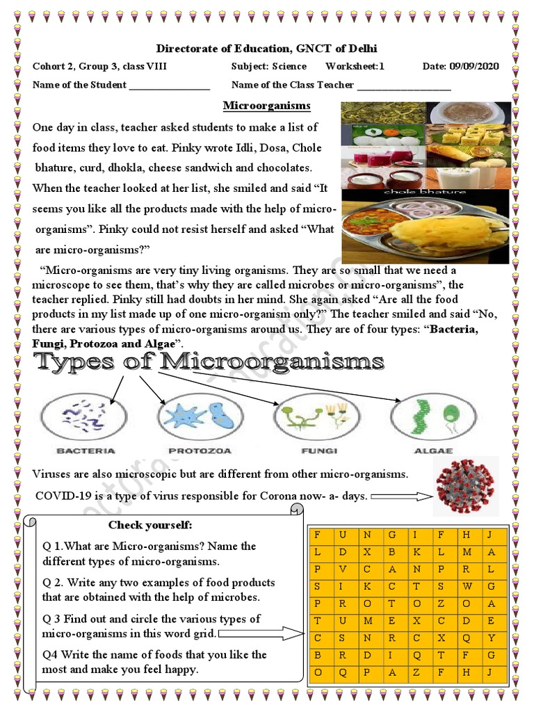 Microorganisms Worksheet for Class 8 | PDF