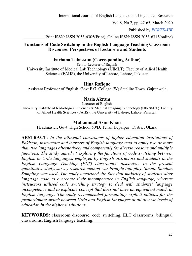 Functions of Code Switching in The English Language Teaching Classroom ...