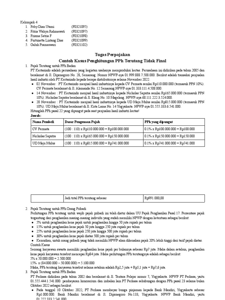 Kelompok 4 - Contoh PPH Terutang | PDF | Pengelolaan Keuangan & Uang