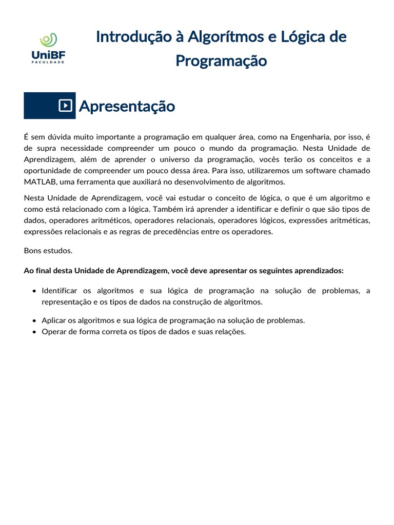 Introdução à Algorítmos E Lógica De Programação Pdf Pdf Algoritmos