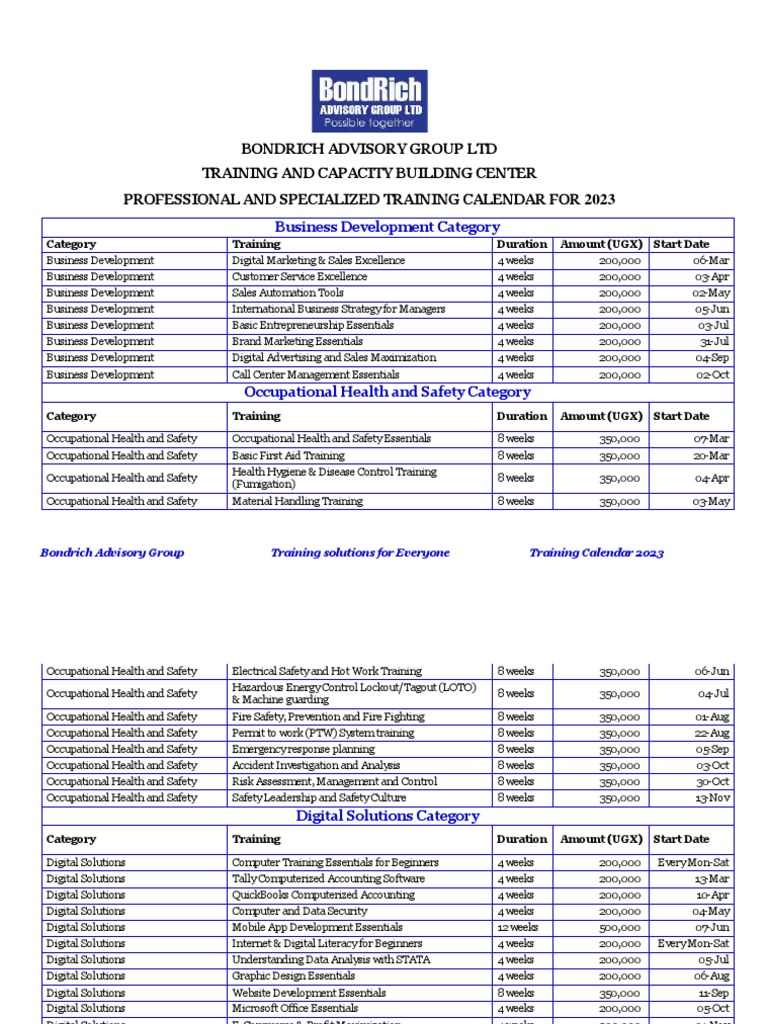 Bondrich Training Calendar 2023-1 | PDF | Logistics | Human Resource ...