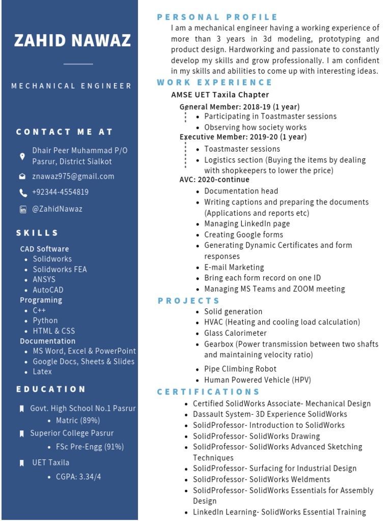 Zahid-Resume 1 | PDF | Mechanical Engineering | Engineering