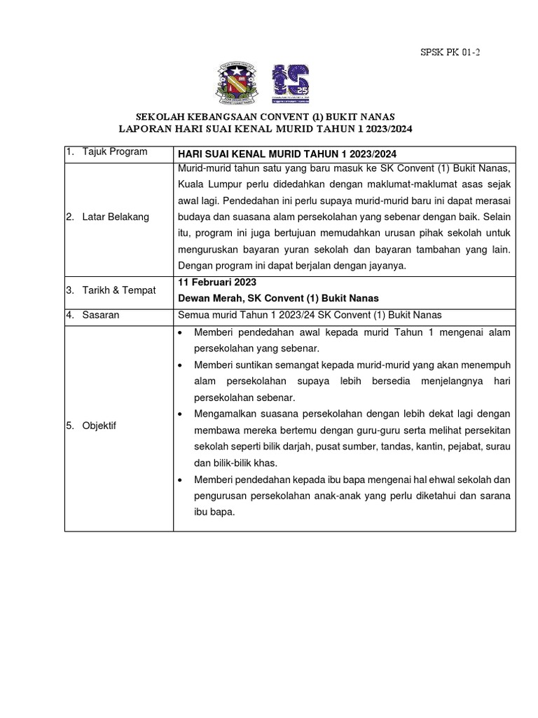 Laporan Hari Suai Kenal Murid Tahun 1 2023 | PDF