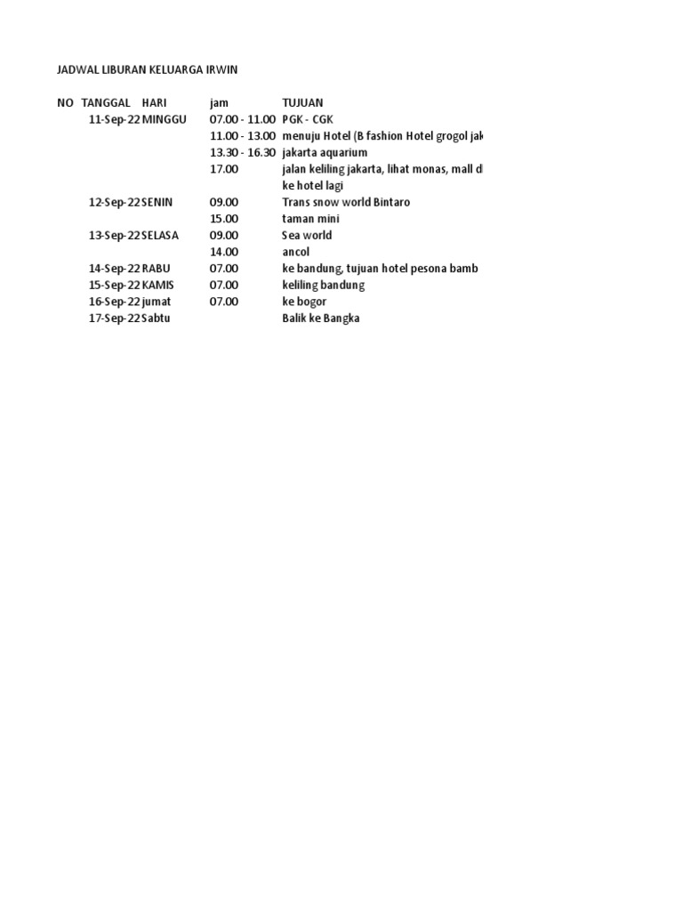 Jadwal Liburan Keluarga | PDF