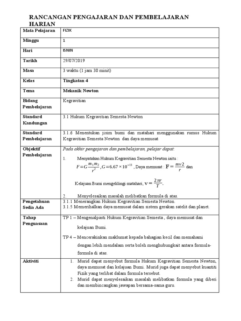 RPH Hukum Kegravitian KSSM 2020 | PDF | Sains & Matematika