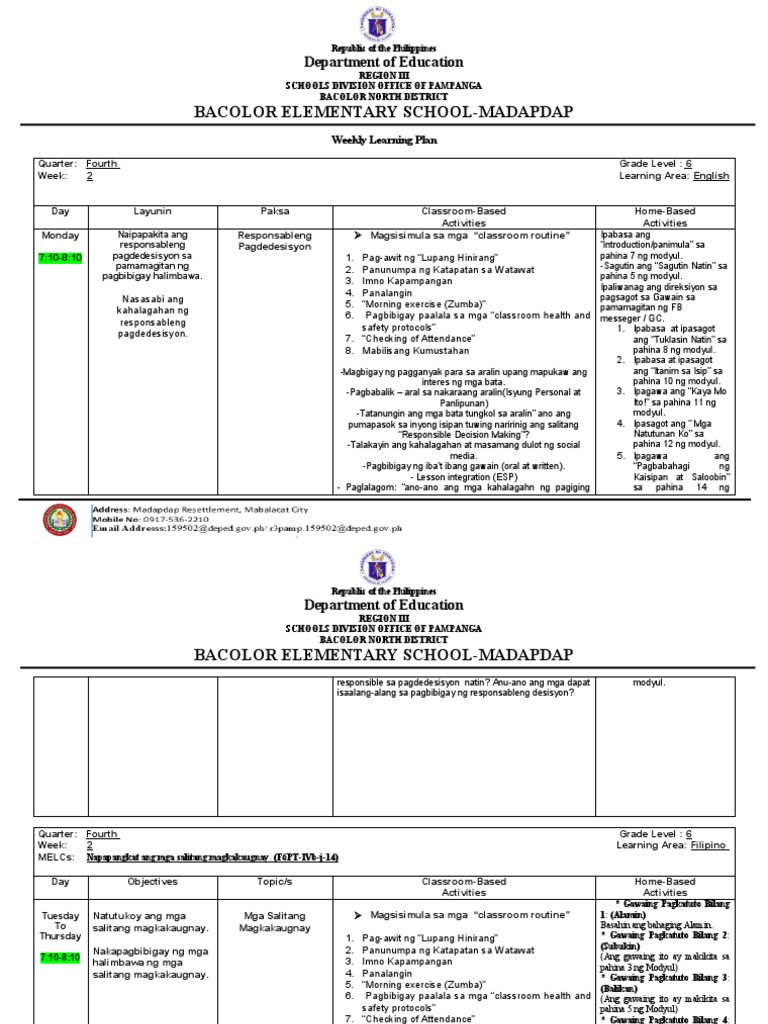 Weekly Learning Plan Q4 W2 - Newest Template April 25-29 2022 | PDF