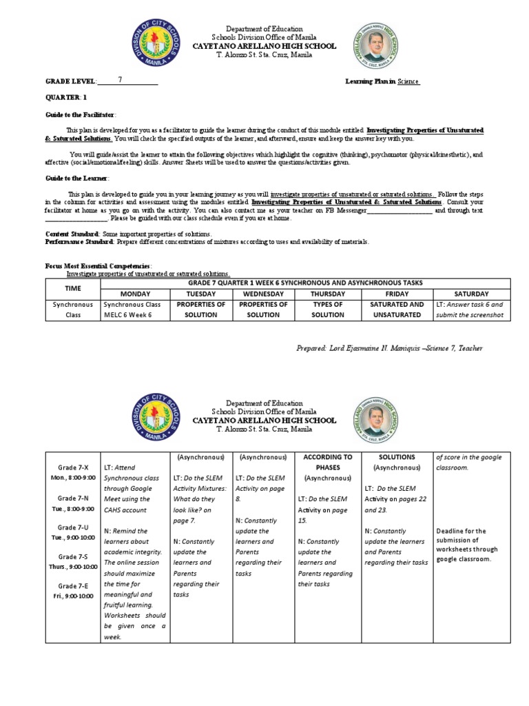 LP - Science - Q1 - W6 - Investigating Properties of Unsaturated - Saturated Solutions | PDF ...