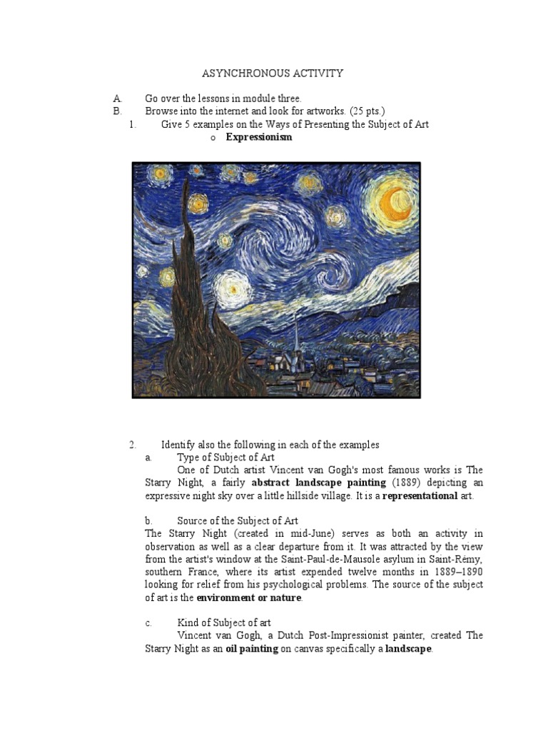 ASYNCHRONOUS ACTIVITY Subject of Art 1 1.odt | PDF | Paintings ...
