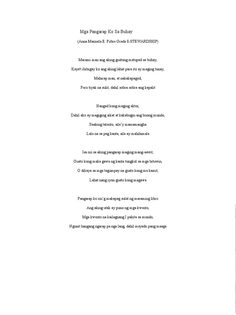 Mga Pangarap Ko Sa Buhay - Anna Manuela E. Pobre Grade 8-STEWARDSHIP | PDF