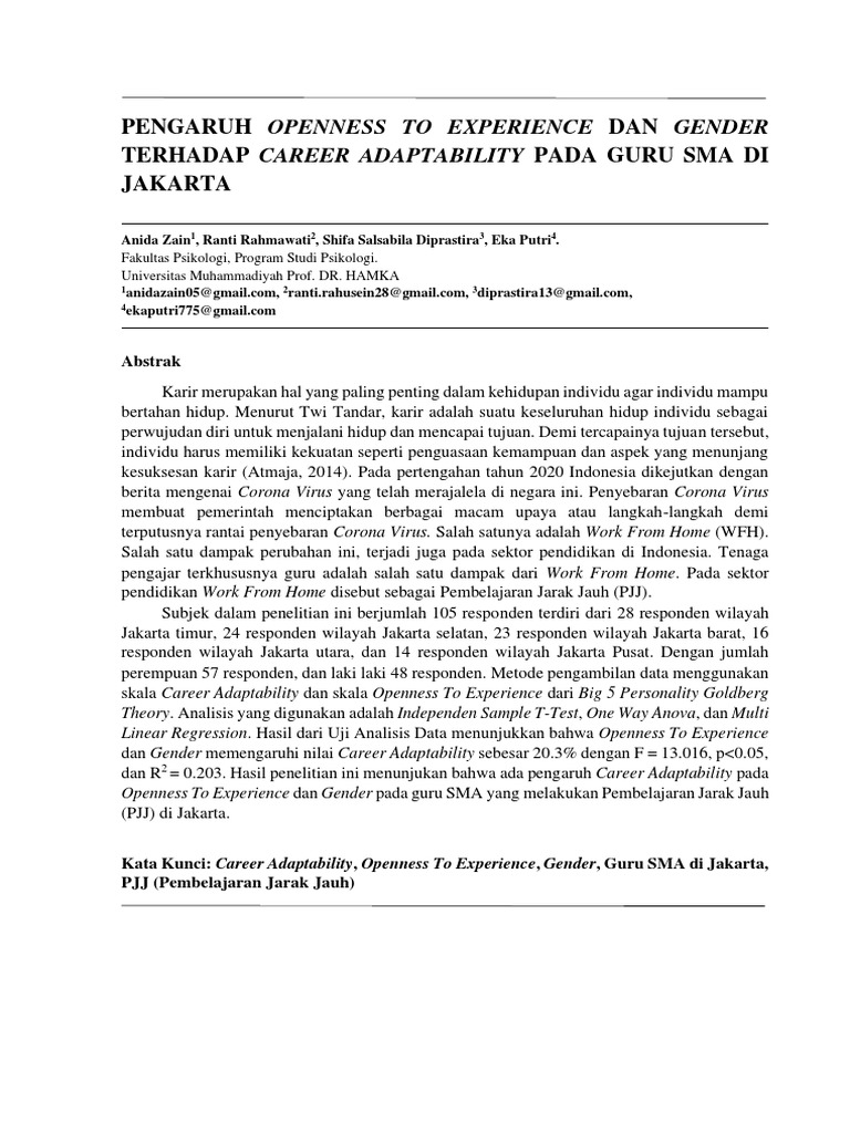 Kel 7 - Artikel Pengaruh Openness To Experience Dan Gender Terhadap Career Adaptability Pada ...