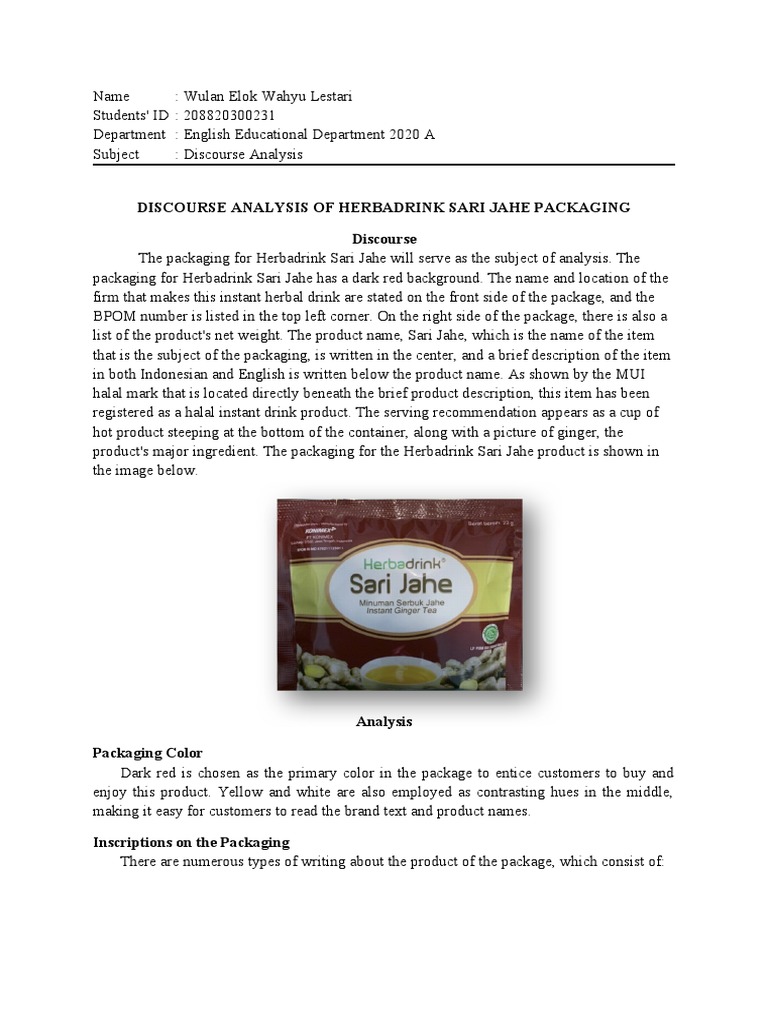 Discourse Analysis of Sari Jahe Packaging | PDF | Ginger | Drink