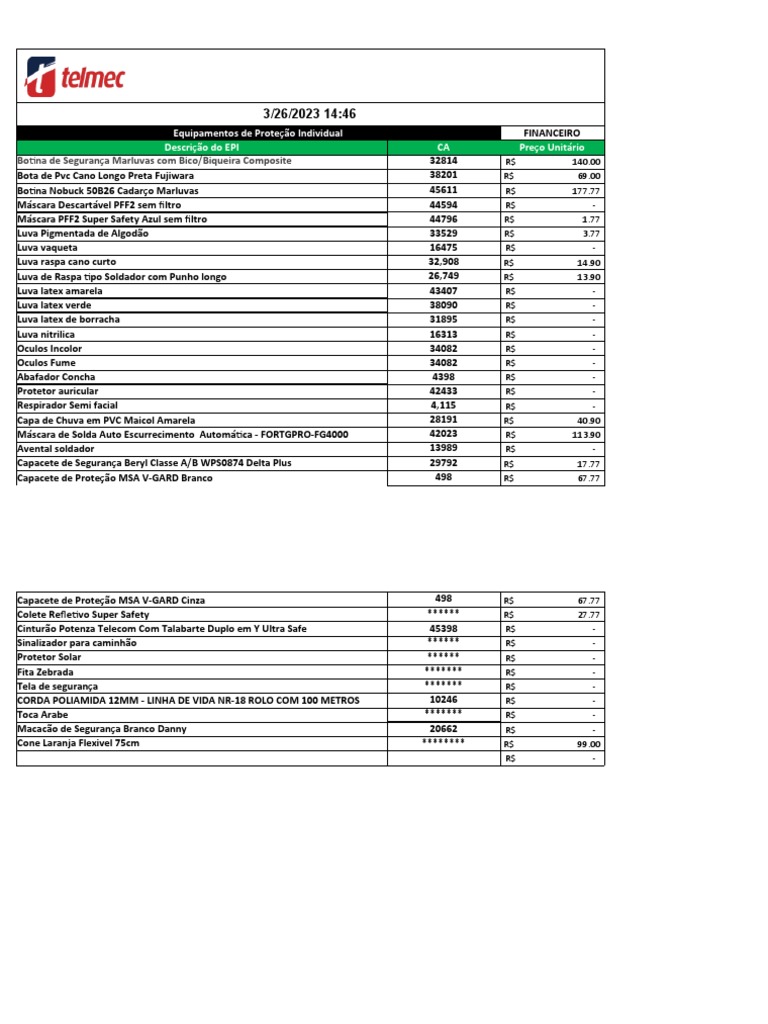 Planilha de CA para Compra de EPI | PDF | Equipamentos esportivos ...