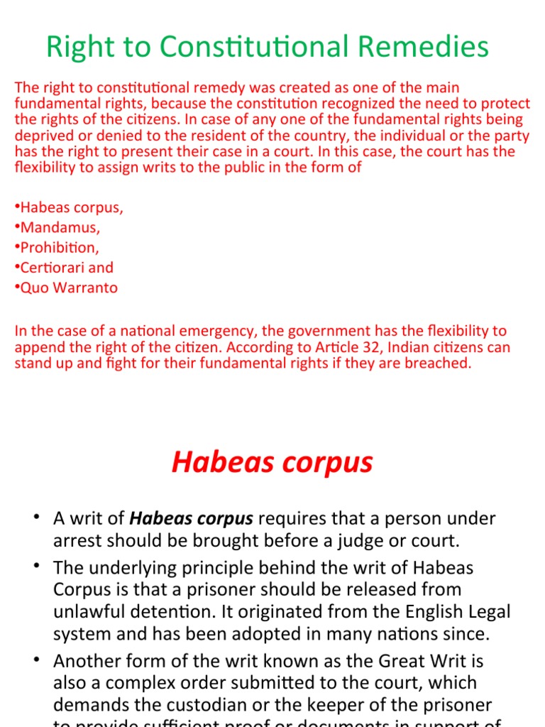 Right to Constitutional Remedies Explained | PDF | Habeas Corpus | Writ