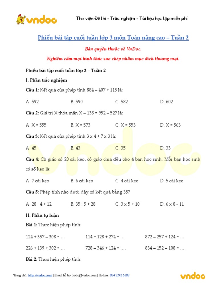 Phieu Bai Tap Cuoi Tuan Lop 3 Mon Toan Nang Cao Tuan 2 | PDF