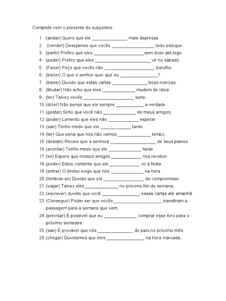 Exercicios - Complete Com o Presente Do Subjuntivo - Avançado | PDF