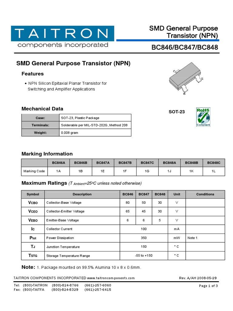 SMD (1K) NpnTransistor BC846, BC847, BC848 | PDF | Bipolar Junction ...