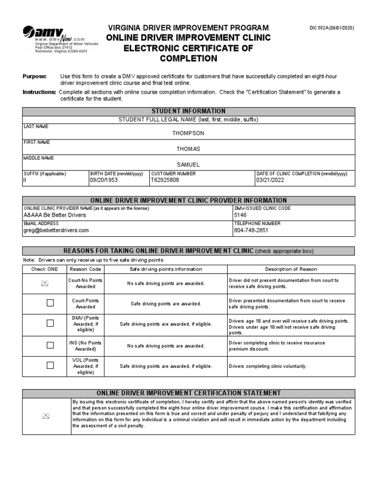 Certificate of Completion for Online Driver Improvement Clinic | PDF | Department Of Motor ...