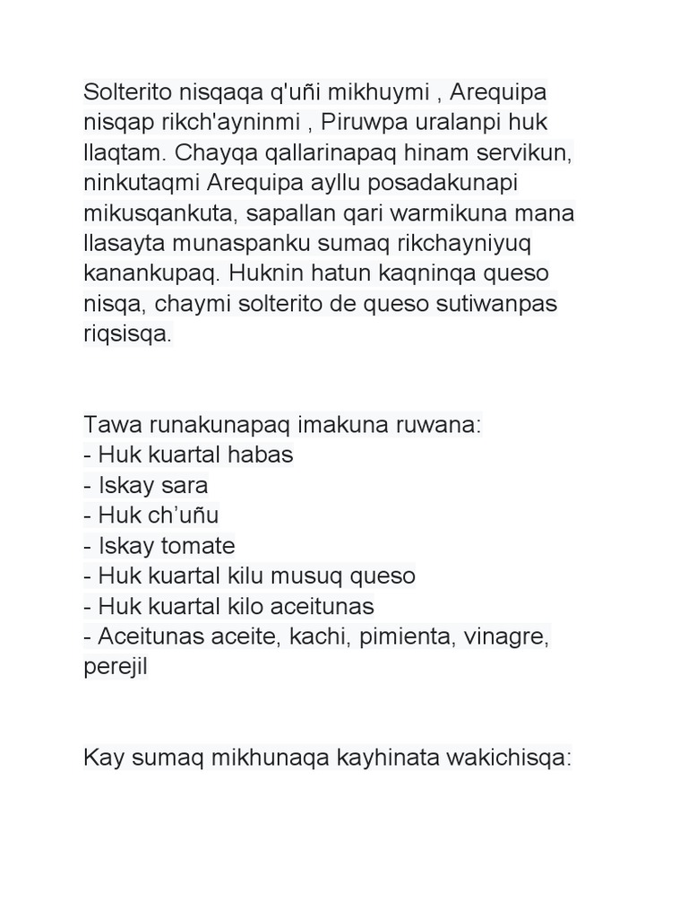 Soltero de queso quechua.docx | PDF
