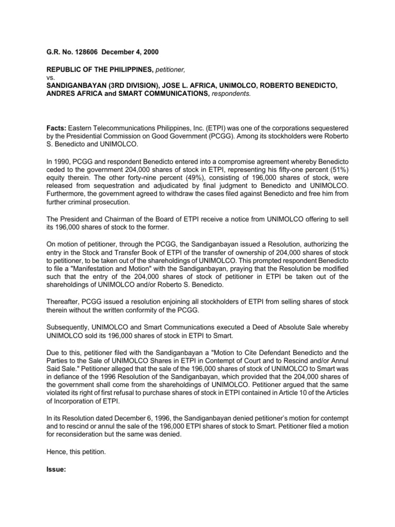 PCGG vs. Sandiganbayan on ETPI Shares | PDF | Stocks | Piercing The ...