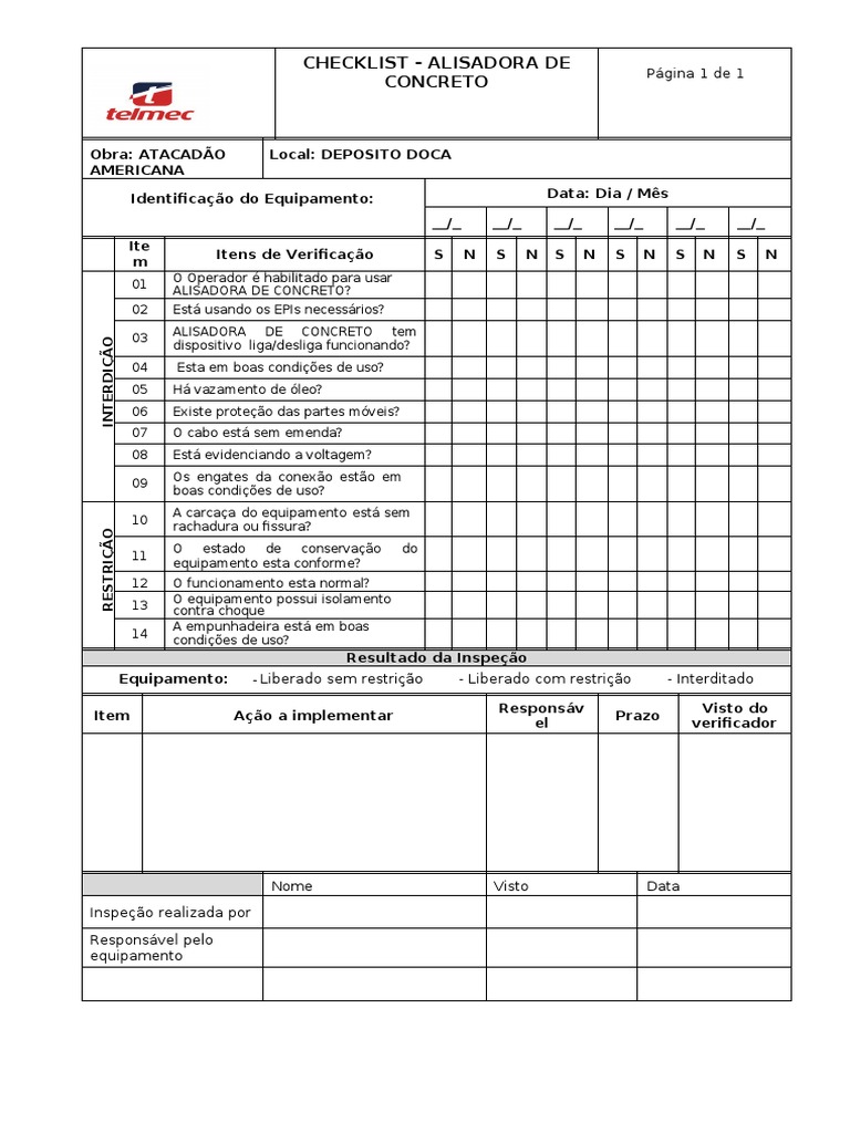 Checklist Alisadora de Concreto | PDF