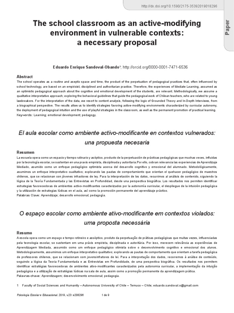 The School Classroom As An Active-Modifying Environment in Vulnerable Contexts: A Necessary ...