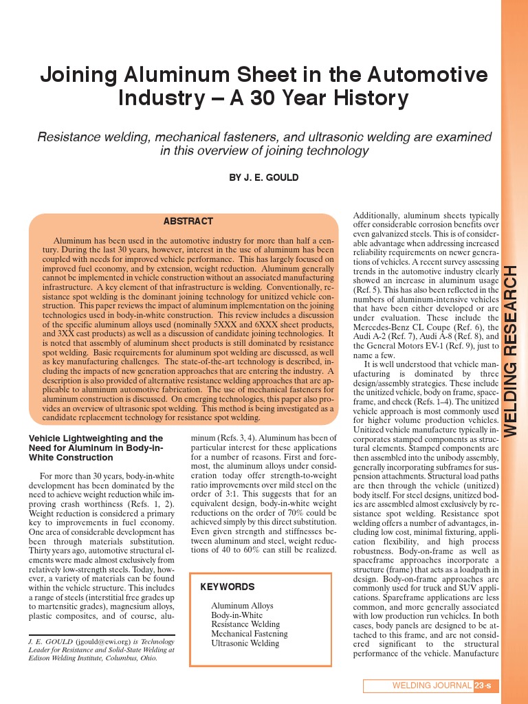 Joining Aluminum Sheet in The Automotive Industry - A 30 Year History | PDF | Construction | Welding