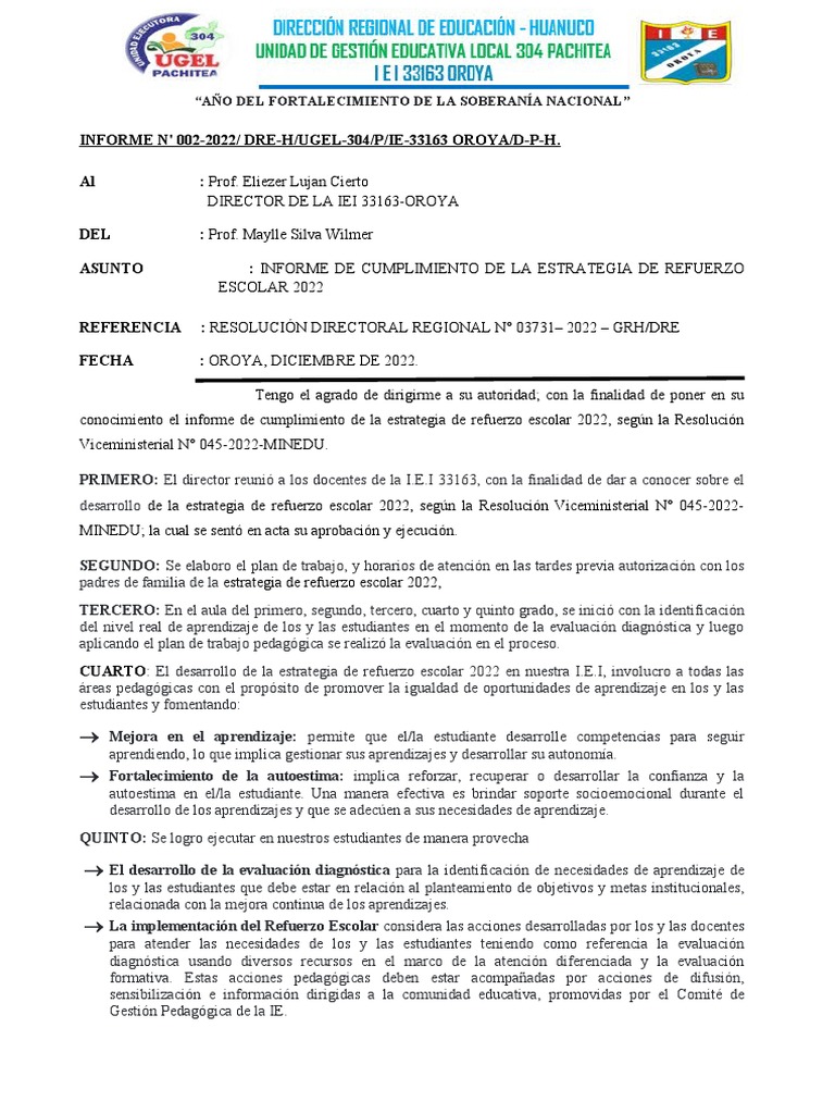 Informe sobre la implementación de la estrategia de refuerzo escolar 2022 en la I.E.I 33163 ...