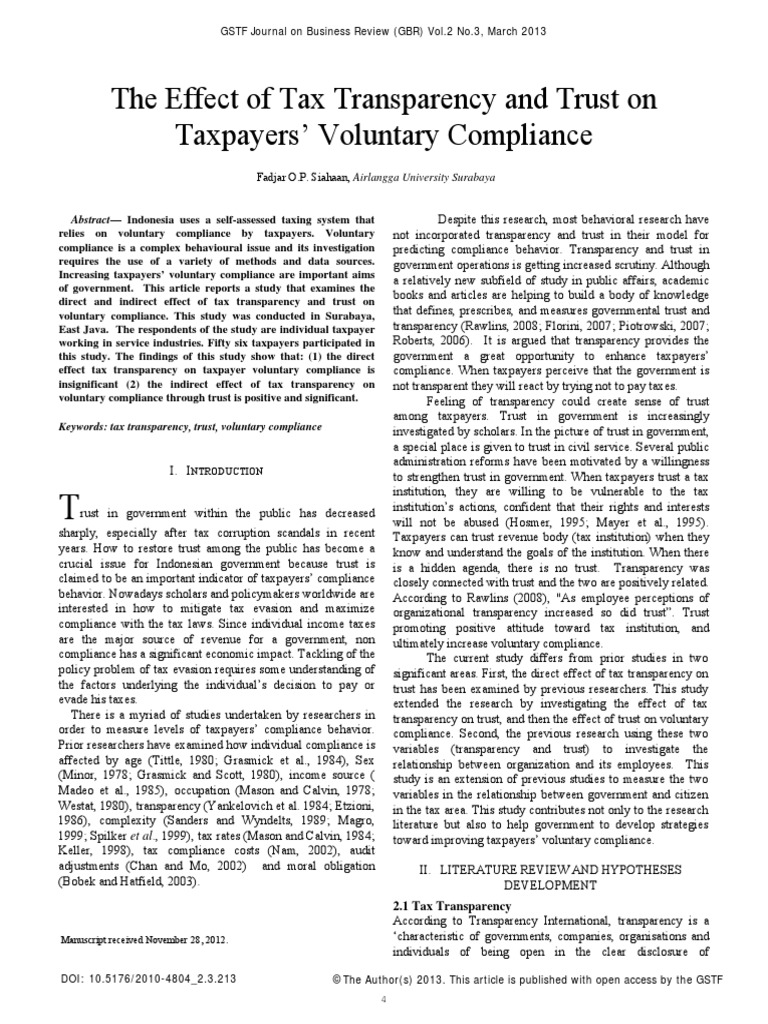 The Effect of Tax Transparency and Trust On Taxpayers' Voluntary ...
