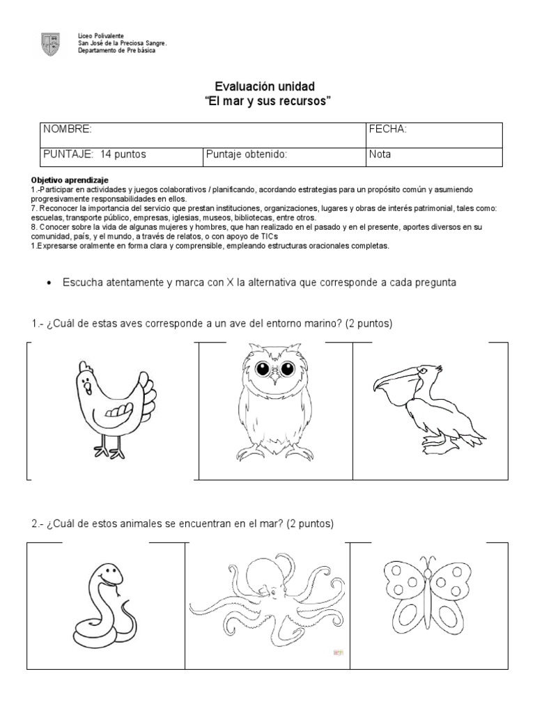 Evaluacion Unidad El Mar y Sus Recursos | PDF