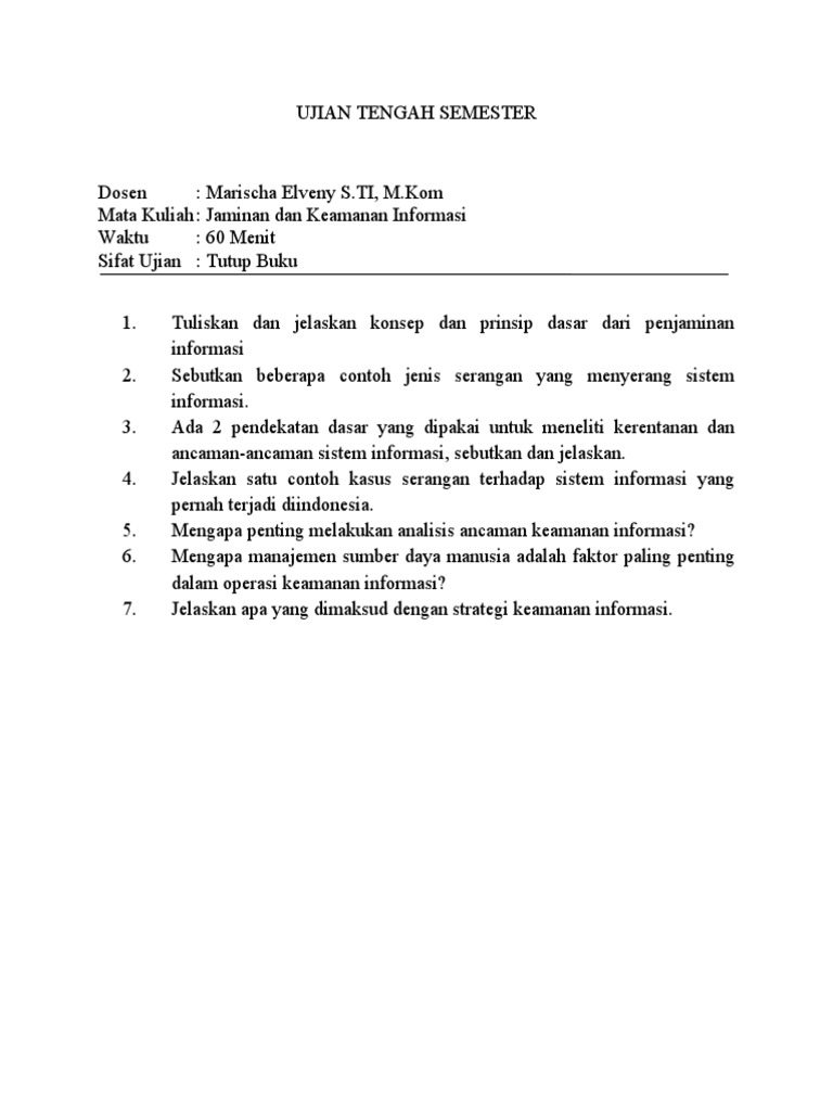 Soal UTS Jaminan Kemananan Informasi (Marischa Elveny) | PDF | Komputer