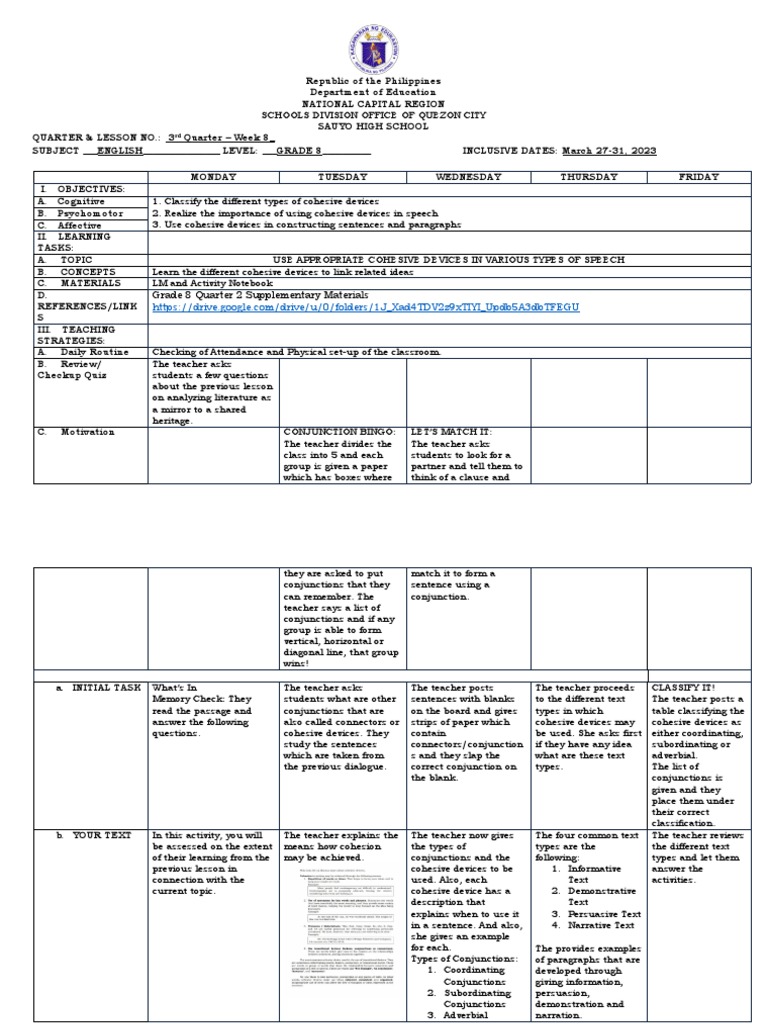Cohesive Devices Lesson Plan for Grade 8 | PDF | Teachers | Linguistics
