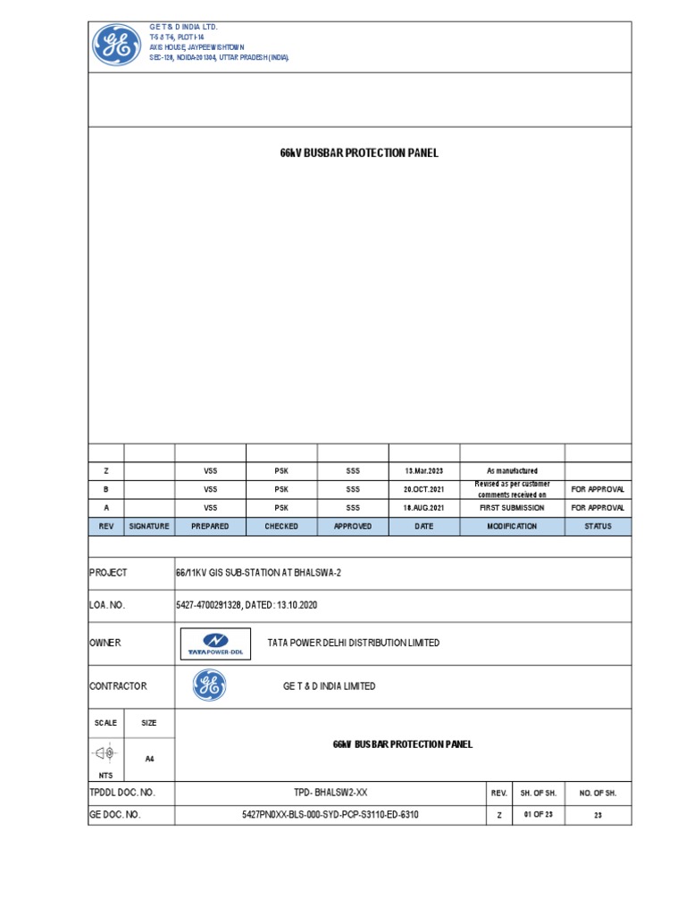 66Kv Busbar Protection Panel: Ge T & D India LTD | PDF | Relay | Switch