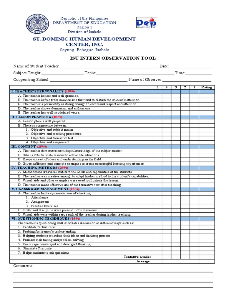 Isu Intern Observation Tool | PDF | Teachers | Learning