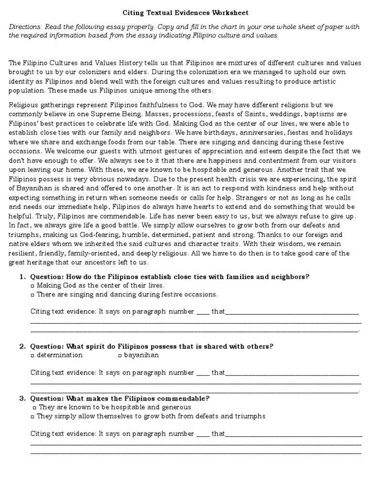 Citing Textual Evidence Worksheets Citing Textual Evidence Worksheet