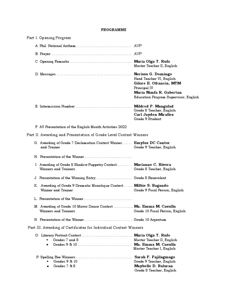 English Month Program and Awards Ceremony | PDF | Foreign Language Studies
