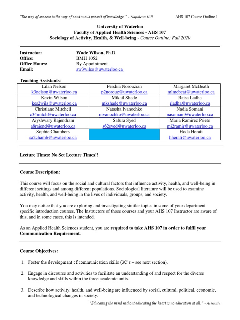 AHS 107 Fall 2020 Course Outline FINAL | Download Free PDF | Academic Integrity | Turnitin