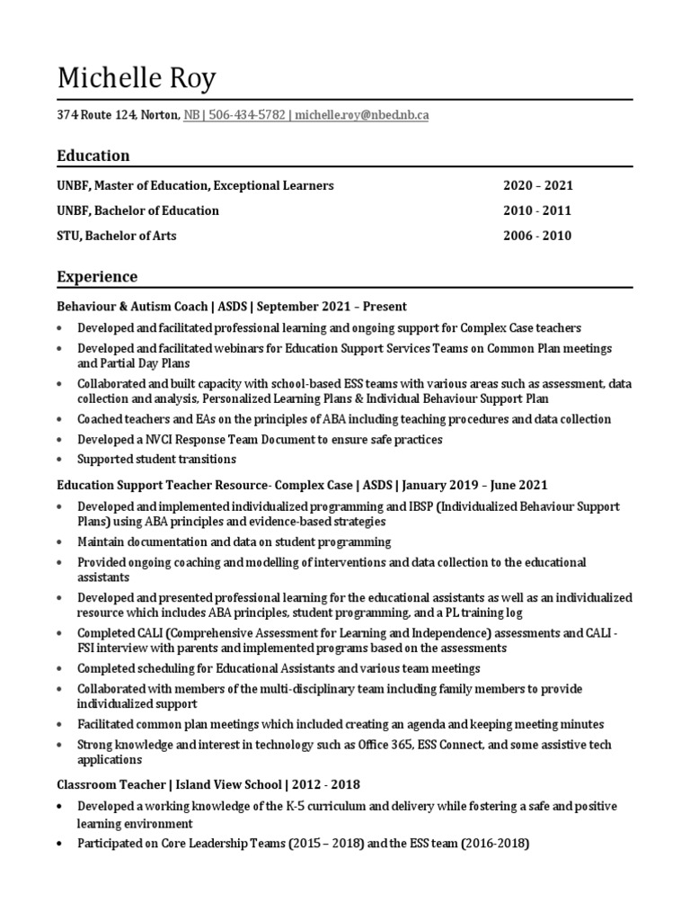 Michelle Roys Resume - Apohaqui Principal 2022 | PDF | Autism Spectrum ...