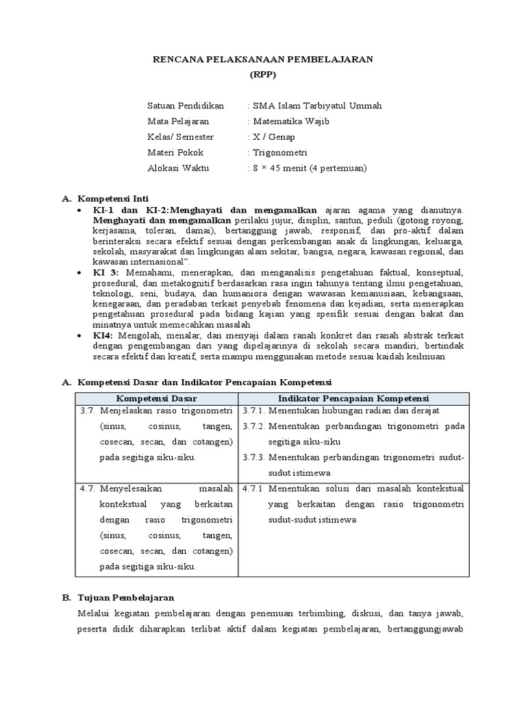 RPP Kelas X Matematika Wajib KD 3 7 Dan | PDF