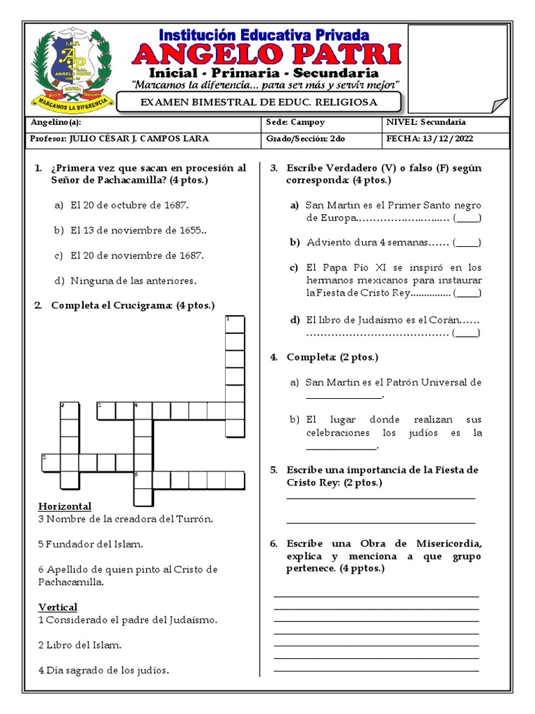 Examen IV Bimestre 2do Sec - Campoy | PDF | Religiones abrahámicas
