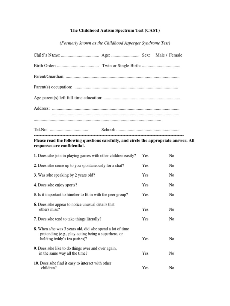 Childhood Autism Spectrum Test (CAST) | PDF | Autism Spectrum ...