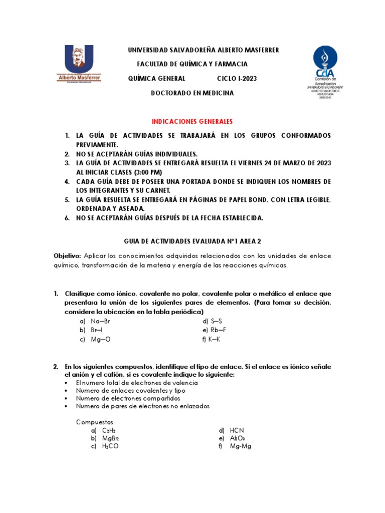 Guia de Ejercicios Evaluada N°1 QG-MD5 AREA | PDF | Enlace químico | Compuestos químicos
