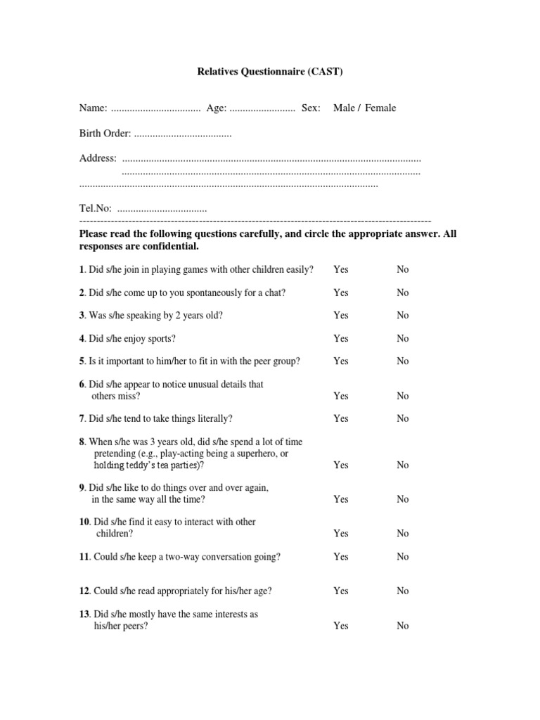 CAST Questionnaire for Autism Assessment | PDF | Cognition ...
